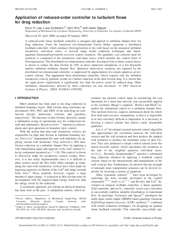 Pdf Application Of Reduced Order Controller To Turbulent Flows For Drag Reduction