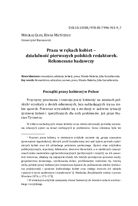 (PDF) Prasa w rękach kobiet – działalność pierwszych polskich redaktorek. Rekonesans badawczy