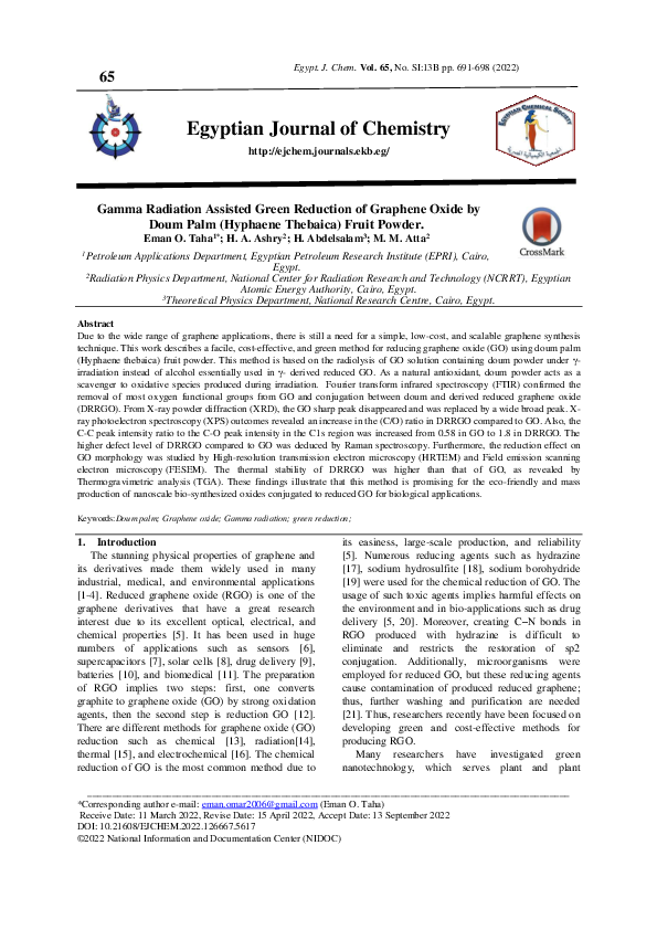 (PDF) Gamma Radiation Assisted Green Reduction of Graphene Oxide by ...