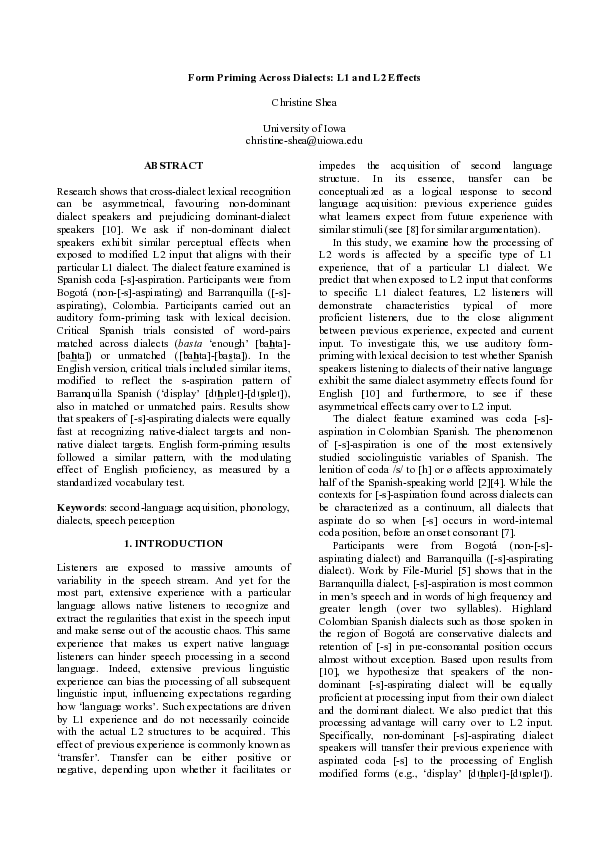 (PDF) Form priming across dialects: L1 and L2 effects