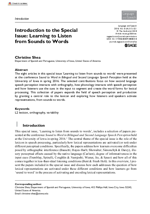 (PDF) Introduction to the Special Issue: Learning to Listen from Sounds ...