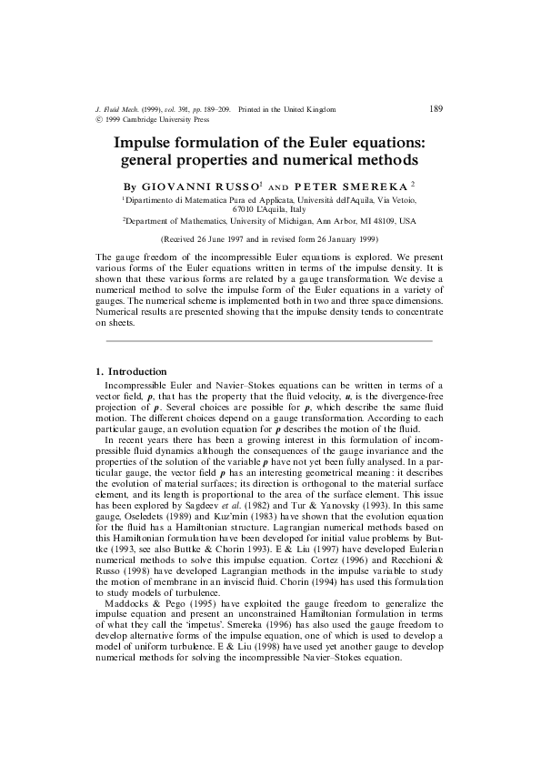 (PDF) Impulse formulation of the Euler equations: general properties ... (PDF) Impulse formulation of the Euler equations: general properties ...