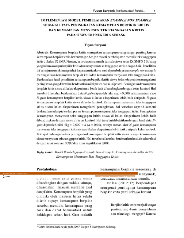 (PDF) Implementasi Model Pembelajaran Example Non Example Sebagai Upaya Peningkatan Kemampuan ...
