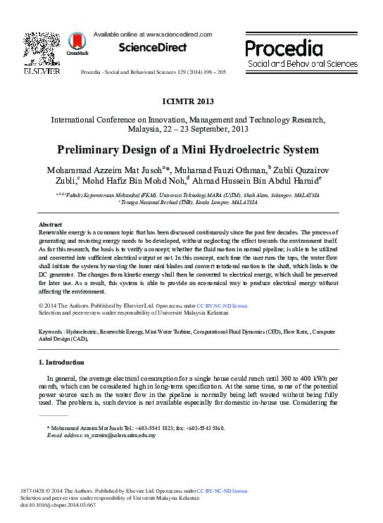 (PDF) Preliminary Design of a Mini Hydroelectric System