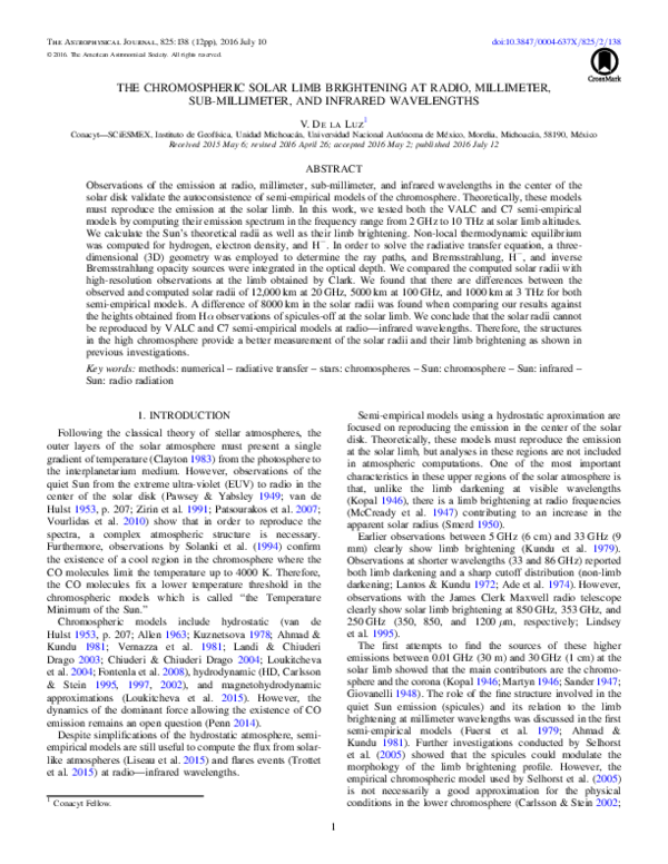 (PDF) The Chromospheric Solar Limb Brightening at Radio, Millimeter ...