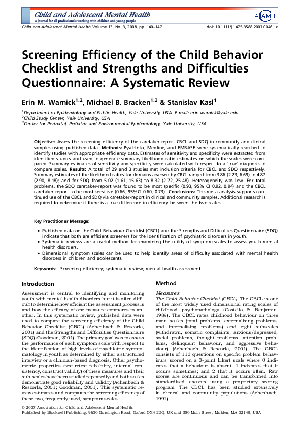 (PDF) Screening Efficiency of the Child Behavior Checklist and Strengths and Difficulties ...