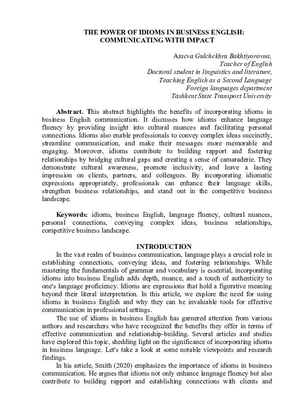 (DOC) THE POWER OF IDIOMS IN BUSINESS ENGLISH: COMMUNICATING WITH IMPACT
