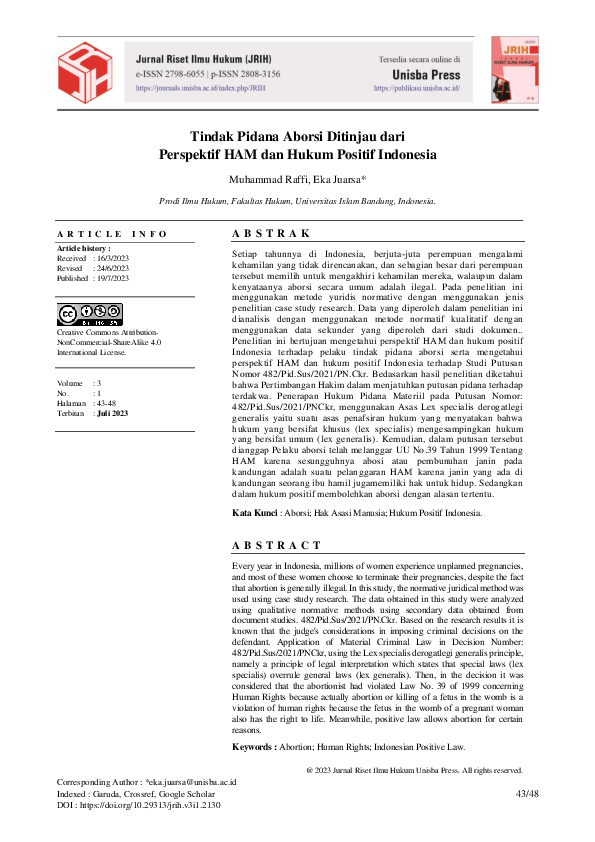 (PDF) Tindak Pidana Aborsi Ditinjau dari Perspektif HAM dan Hukum Positif Indonesia