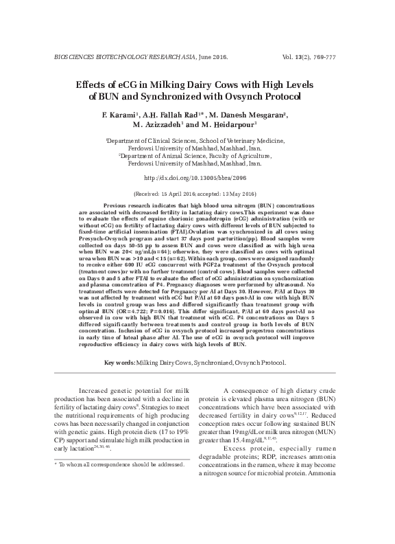 (PDF) Effects of eCG in Milking Dairy Cows with High Levels of BUN and ...