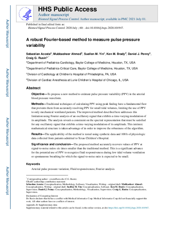 (PDF) A robust Fourier-based method to measure pulse pressure variability | Sebastian Acosta ...
