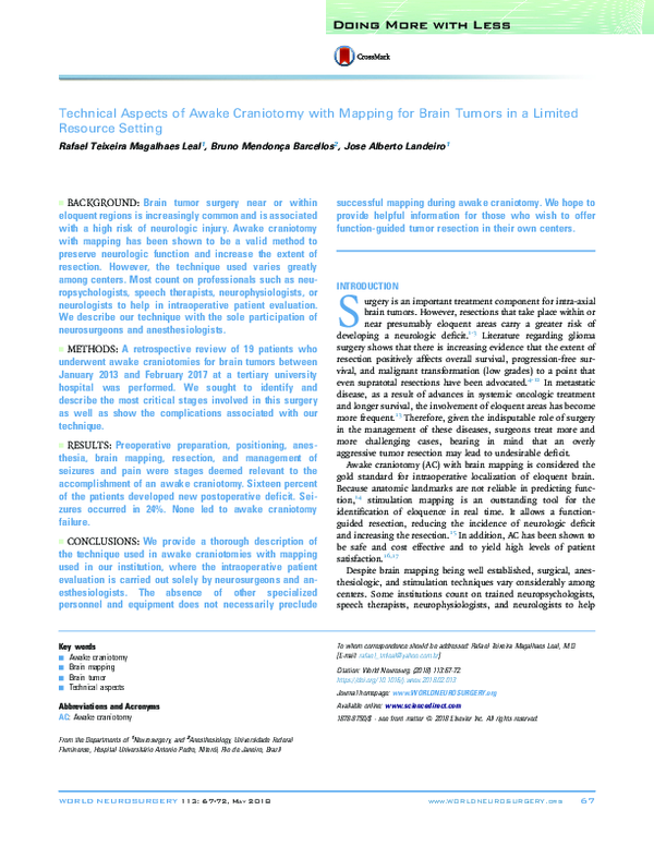 (PDF) Technical Aspects of Awake Craniotomy With Mapping for Brain Tumors in a Limited Resource ...