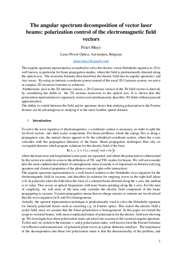 (PDF) The angular spectrum decomposition of vector laser beams ...