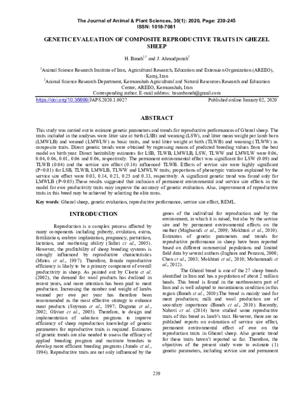 (PDF) Genetic evaluation of composite reproductive traits in Ghezel sheep