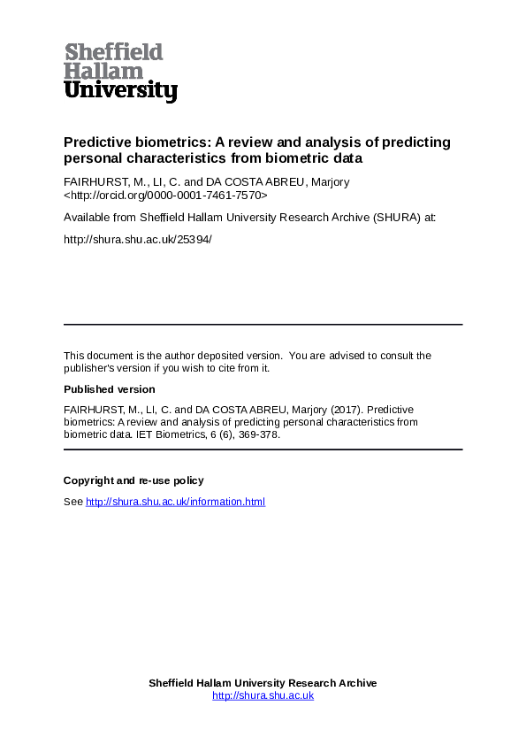 (PDF) Predictive biometrics: a review and analysis of predicting personal characteristics from ...