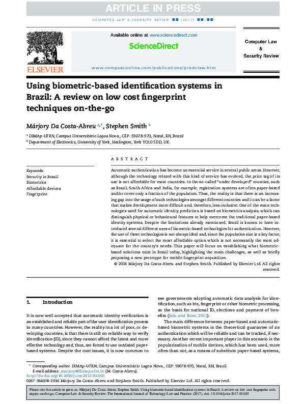 (PDF) Using biometric-based identification systems in Brazil: A review on low cost fingerprint ...