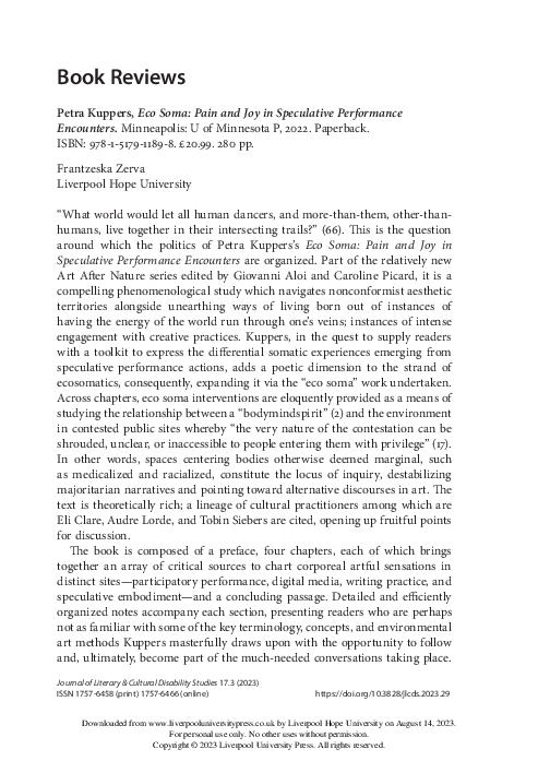 (PDF) Petra Kuppers, Eco Soma: Pain and Joy in Speculative Performance Encounters. Book Review.