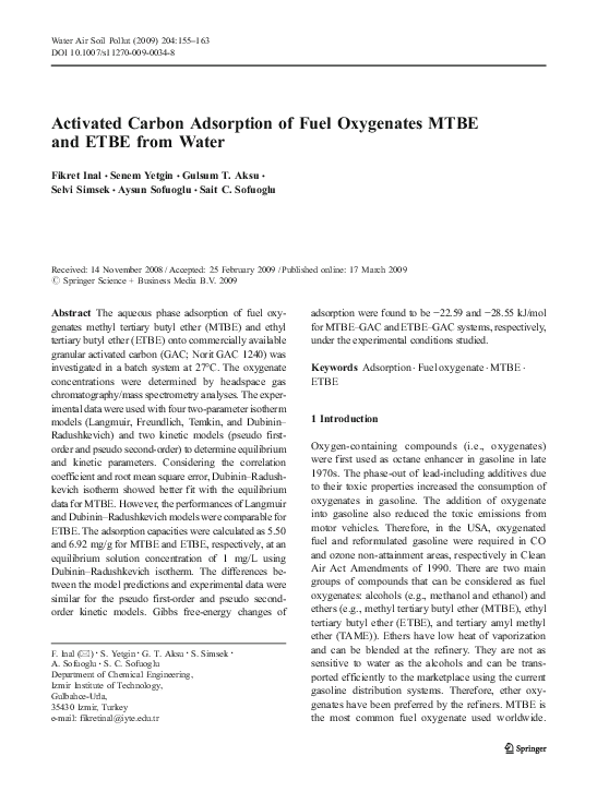 (PDF) Activated Carbon Adsorption of Fuel Oxygenates MTBE and ETBE from ...
