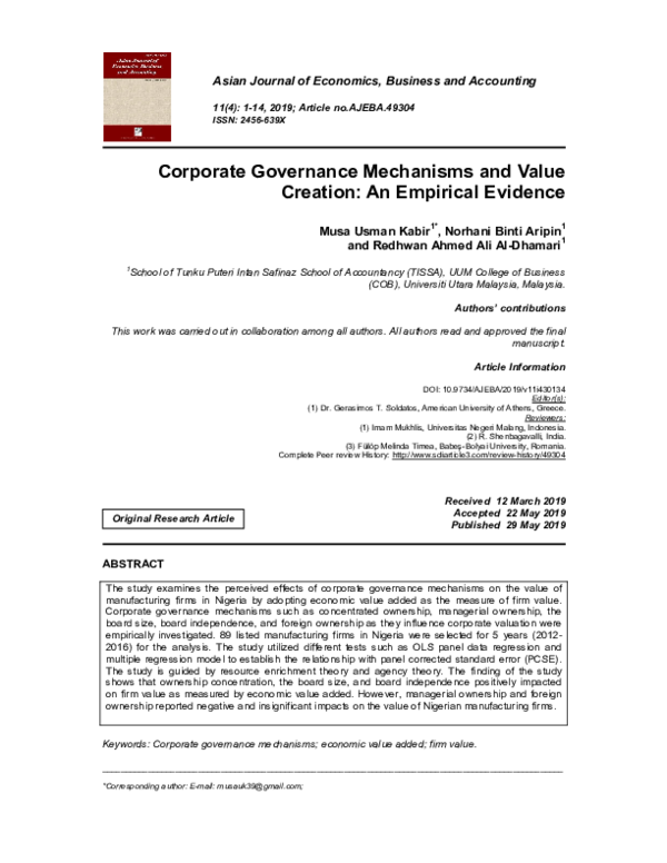 (PDF) Corporate Governance Mechanisms and Value Creation: An Empirical Evidence | Musa Kabir ...