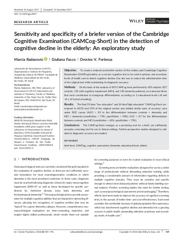 (PDF) Sensitivity and specificity of a briefer version of the Cambridge ...