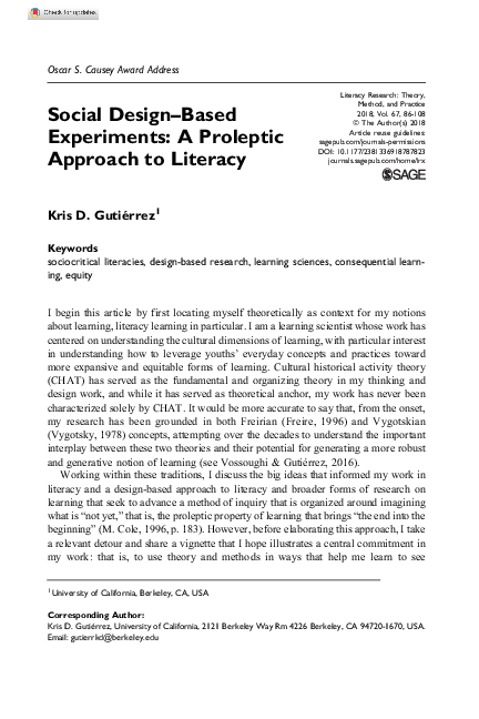 (PDF) Social Design–Based Experiments: A Proleptic Approach to Literacy