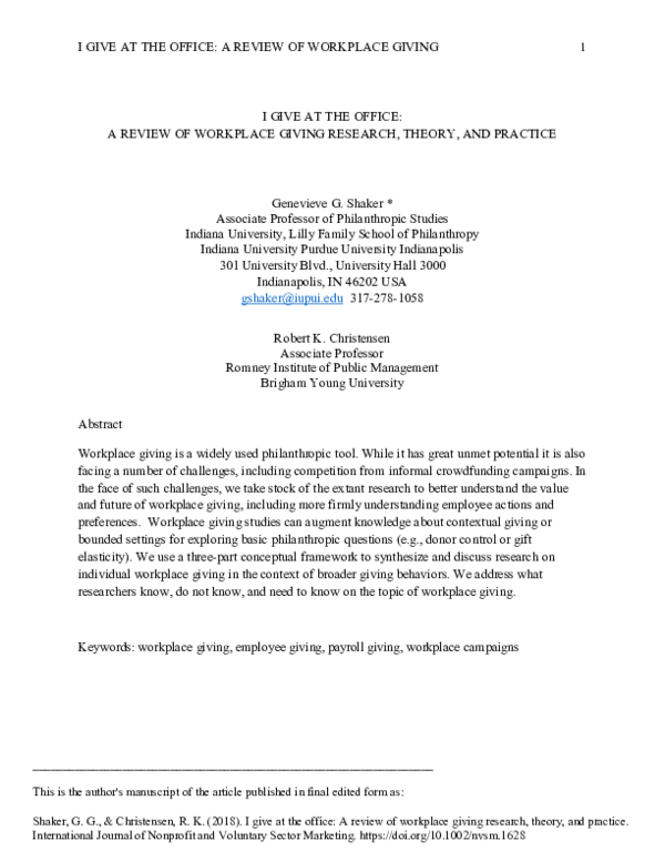 (PDF) I give at the office: A review of workplace giving research ...