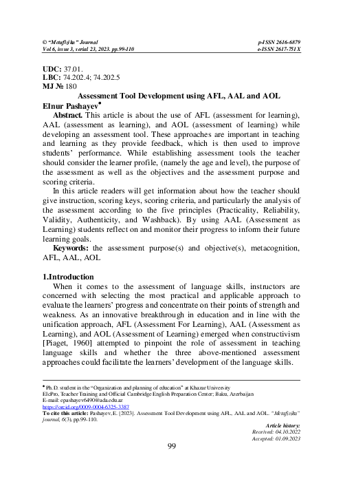 (PDF) Assessment Tool Development using AFL, AAL and AOL
