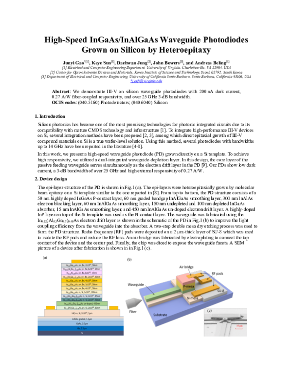 (PDF) High-Speed InGaAs/InAlGaAs Waveguide Photodiodes Grown on Silicon by Heteroepitaxy