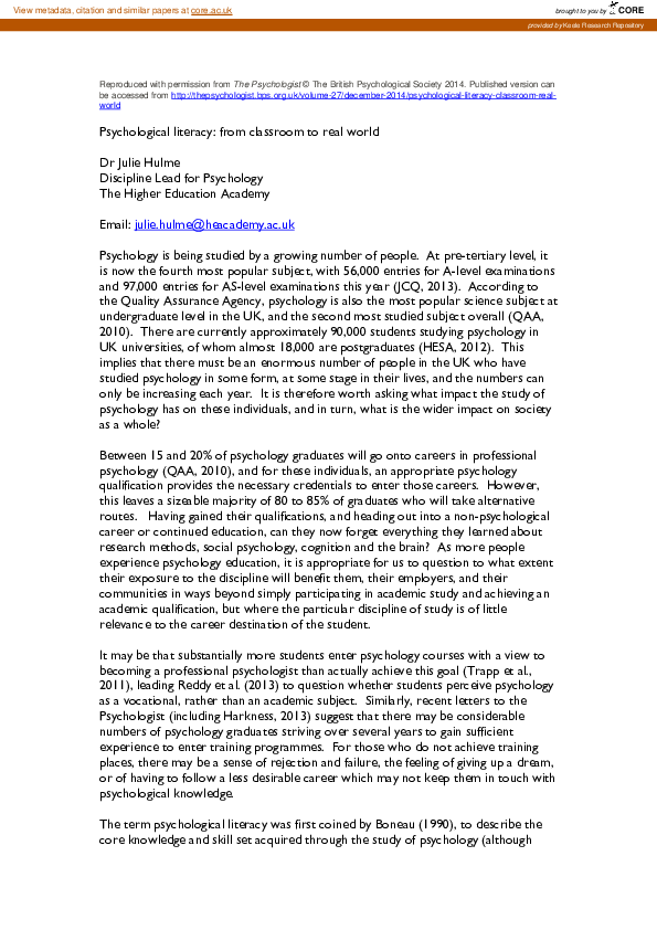 (PDF) Psychological literacy—From classroom to real world