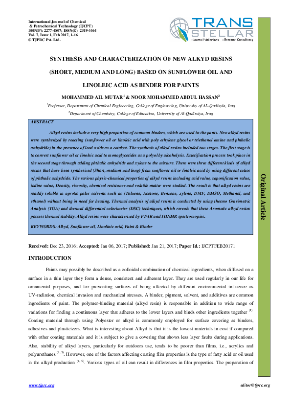 (PDF) Synthesis and Characterization of New Alkyd Resins ( Short , Medium and Long ) Based on ...