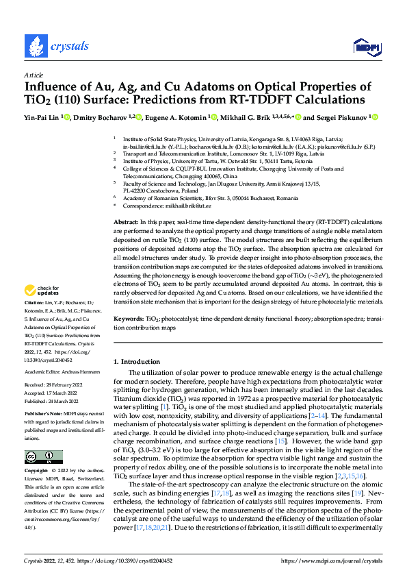 (PDF) Influence of Au, Ag, and Cu Adatoms on Optical Properties of TiO2 ...
