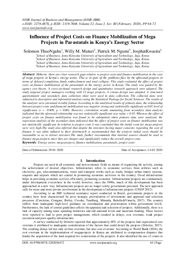 (PDF) Influence of Project Costs on Finance Mobilization of Mega ...