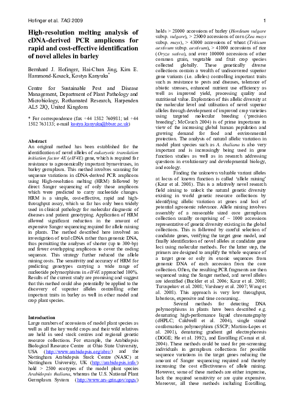 (PDF) High-resolution melting analysis of cDNA-derived PCR amplicons ...