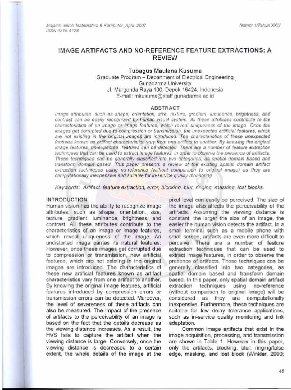 (PDF) Image Artifacts and No-Reference Feature Extractions: A Review