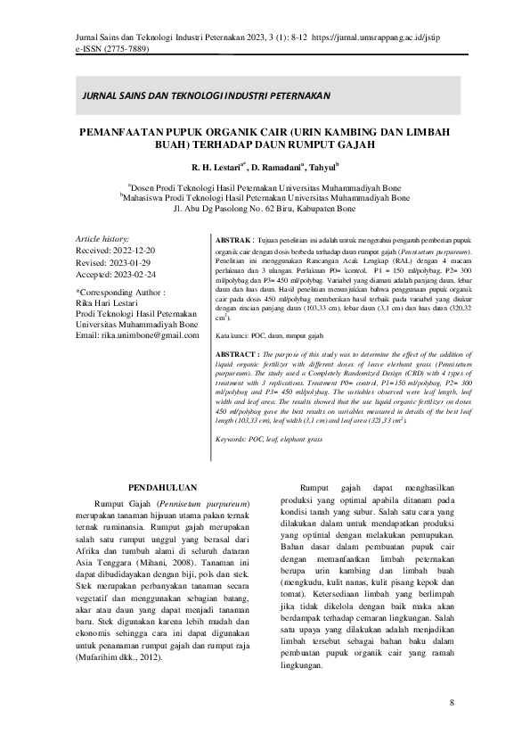 (PDF) Pemanfaatan Pupuk Organik Cair (Urin Kambing Dan Limbah Buah) Terhadap Daun Rumput Gajah