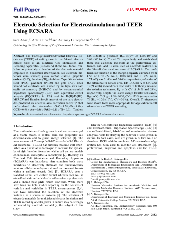 (PDF) Electrode Selection for Electrostimulation and TEER Using ECSARA