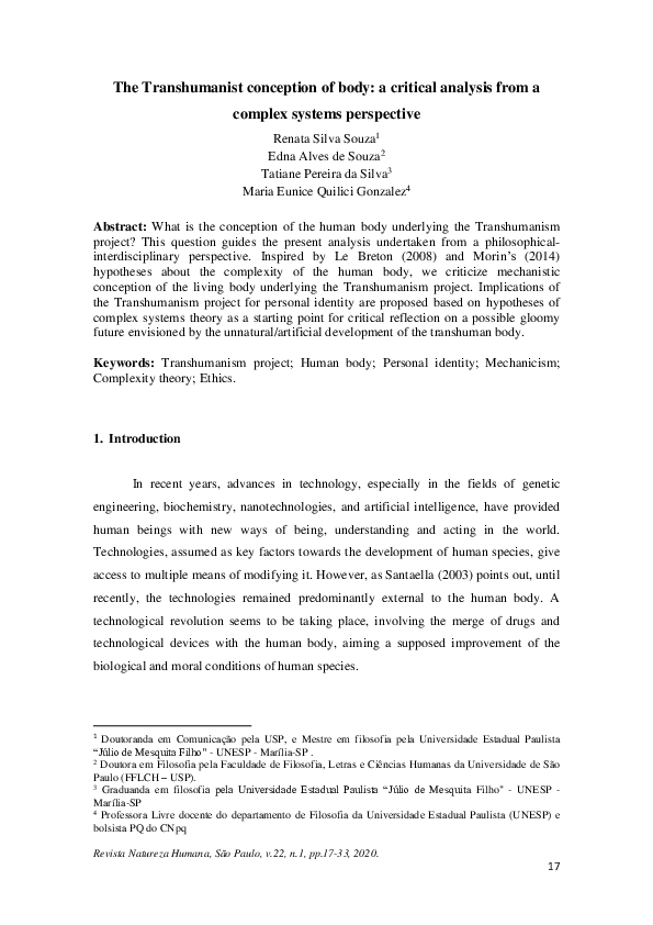 (PDF) The Transhumanist conception of body: a critical analysis from a complex systems perspective