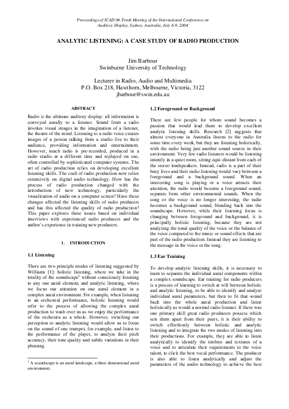 (PDF) Analytic listening: A case study of radio production