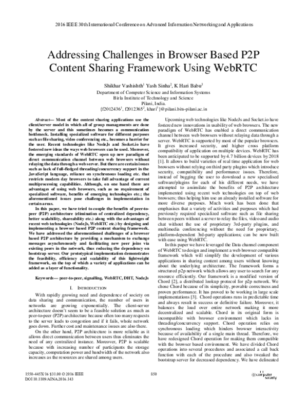 (PDF) Addressing Challenges in Browser Based P2P Content Sharing Framework Using WebRTC