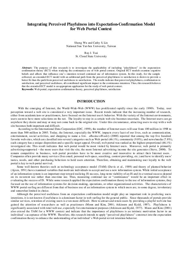 (PDF) Integrating perceived playfulness into expectation-confirmation model for web portal context