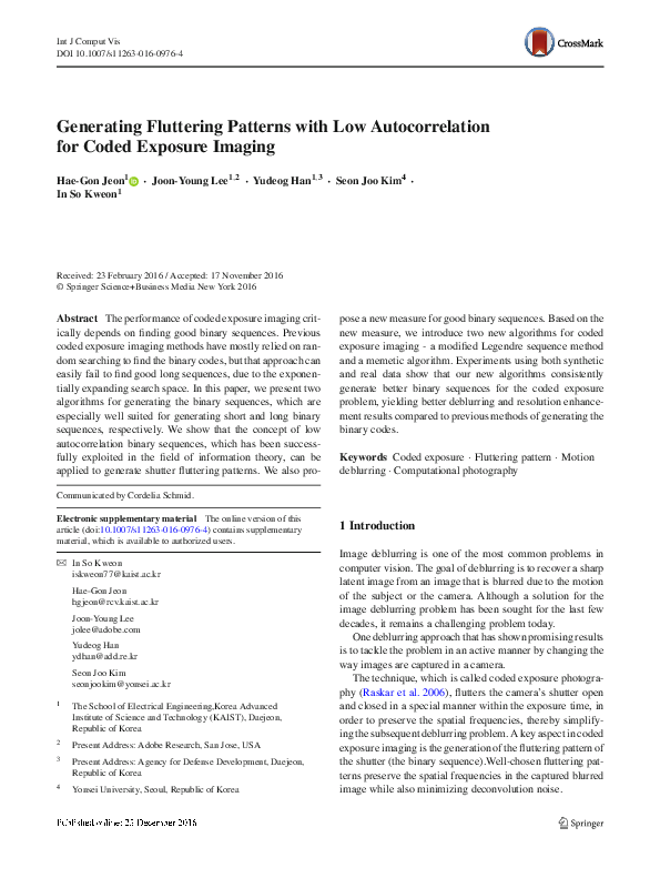 (PDF) Generating Fluttering Patterns with Low Autocorrelation for Coded Exposure Imaging