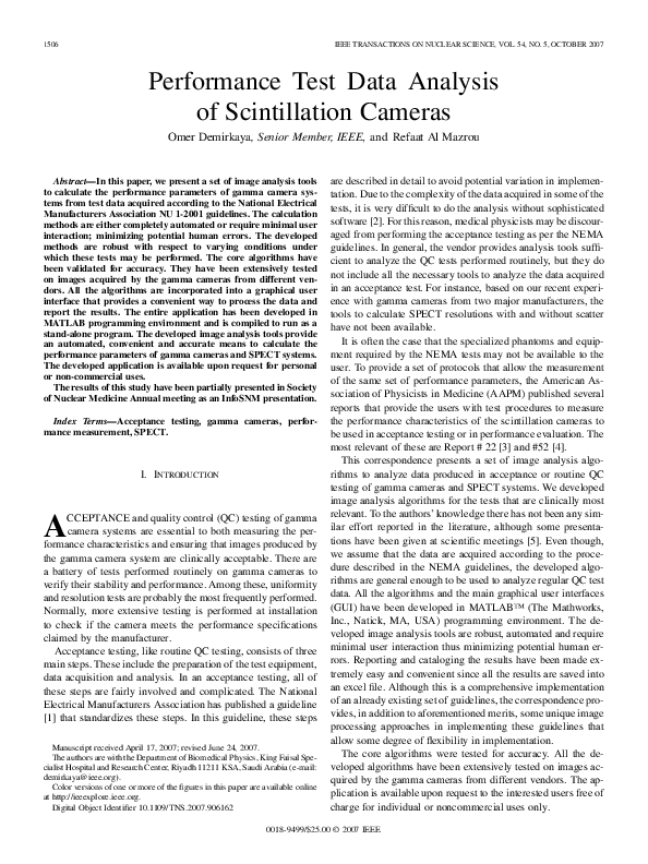 (PDF) Performance Test Data Analysis of Scintillation Cameras