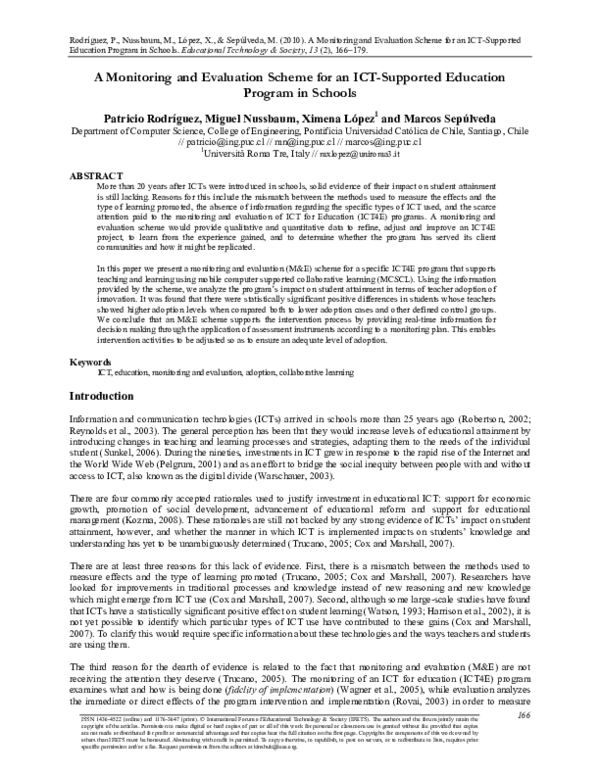 Pdf A Monitoring And Evaluation Scheme For An Ict Supported Education Program In Schools