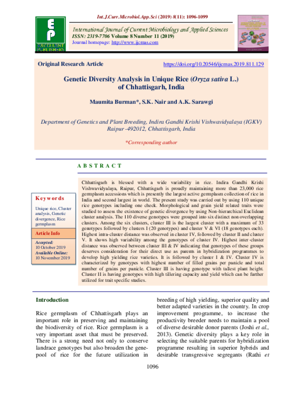 (PDF) Genetic Diversity Analysis in Unique Rice (Oryza sativa L.) of Chhattisgarh, India