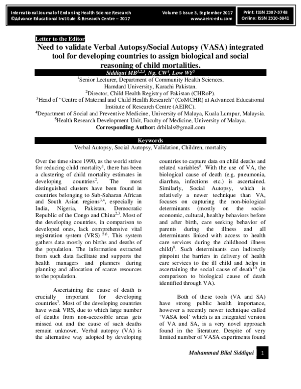 (PDF) Need to Validate Verbal Autopsy/Social Autopsy (VASA) Integrated ...