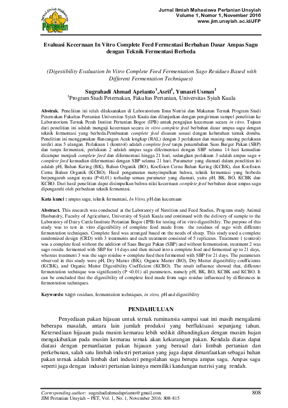 (PDF) Evaluasi Kecernaan In Vitro Complete Feed Fermentasi Berbahan Dasar Ampas Sagu dengan ...