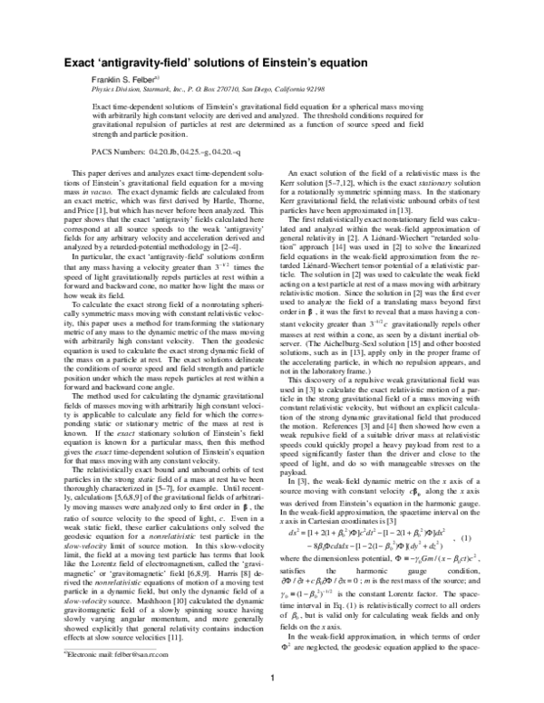 (PDF) Exact'antigravity-field'solutions of Einstein's equation