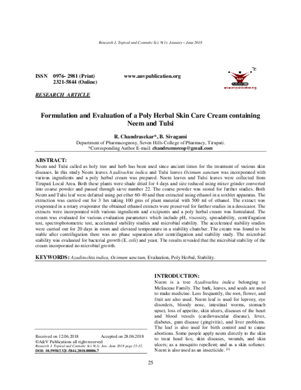 (PDF) Formulation and Evaluation of a Poly Herbal Skin Care Cream ...