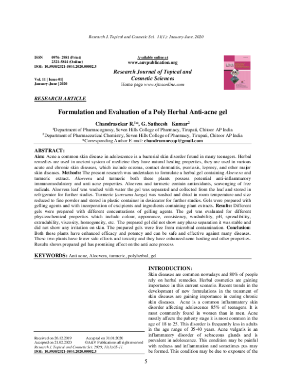 Pdf Formulation And Evaluation Of A Poly Herbal Anti Acne Gel
