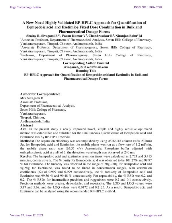 (PDF) A New Novel Highly Validated RP-HPLC Approach for Quantification of Bempedoic acid and ...