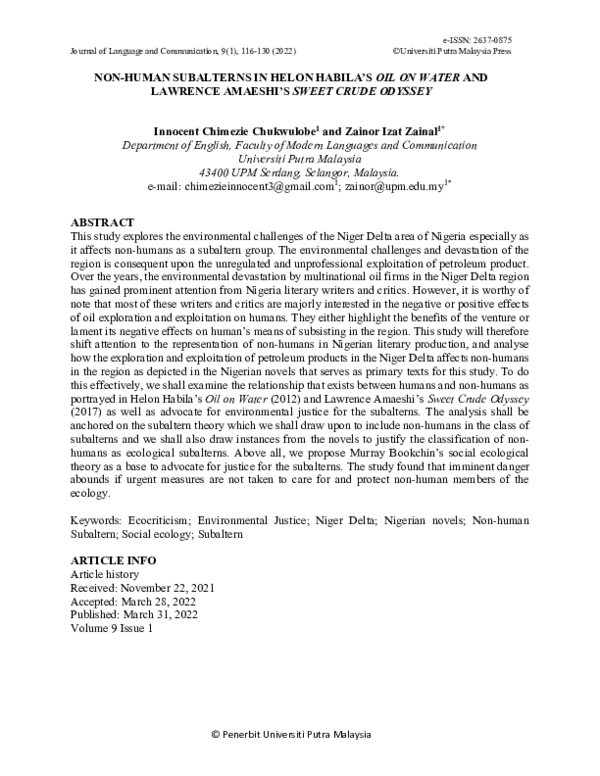 (PDF) NON-HUMAN SUBALTERNS IN HELON HABILA'S OIL ON WATER AND LAWRENCE ...